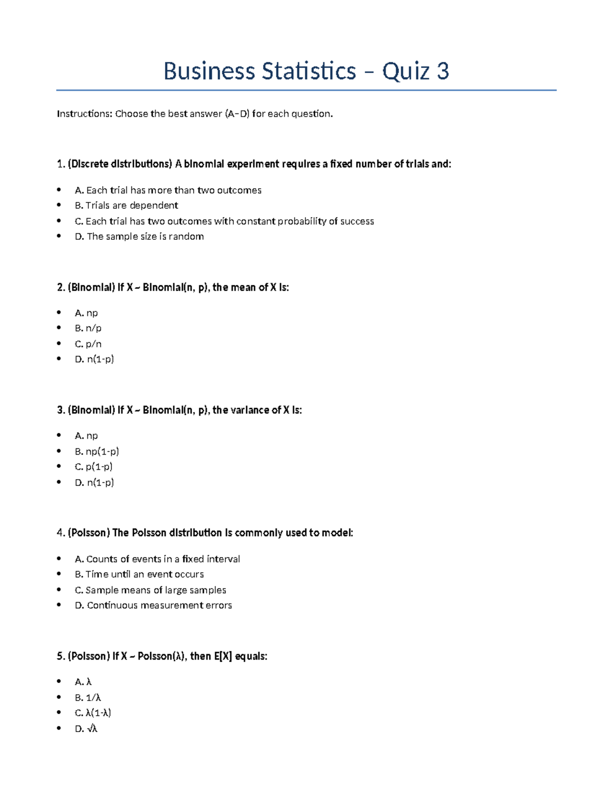Business Statistics Quiz 3 - Practice Questions and Instructions - Studocu