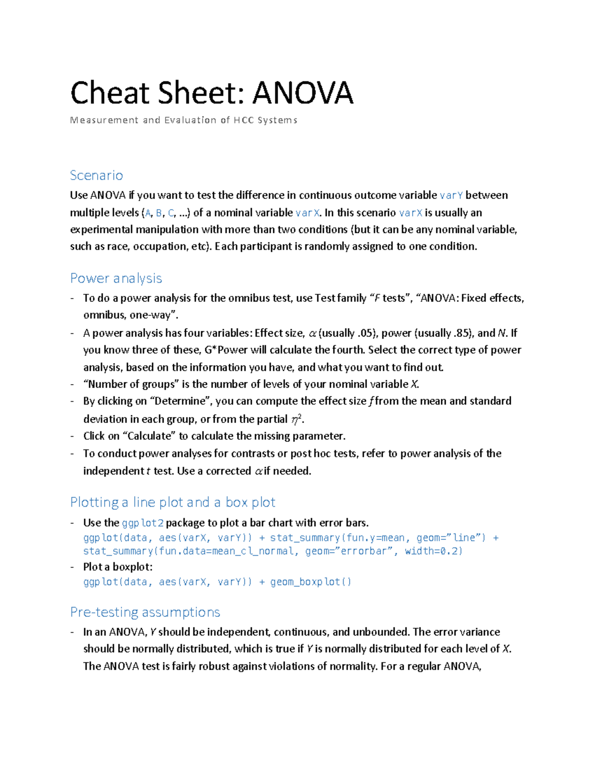 Cs-ANOVA Cheat Sheet: Key Concepts in Statistics - Studocu