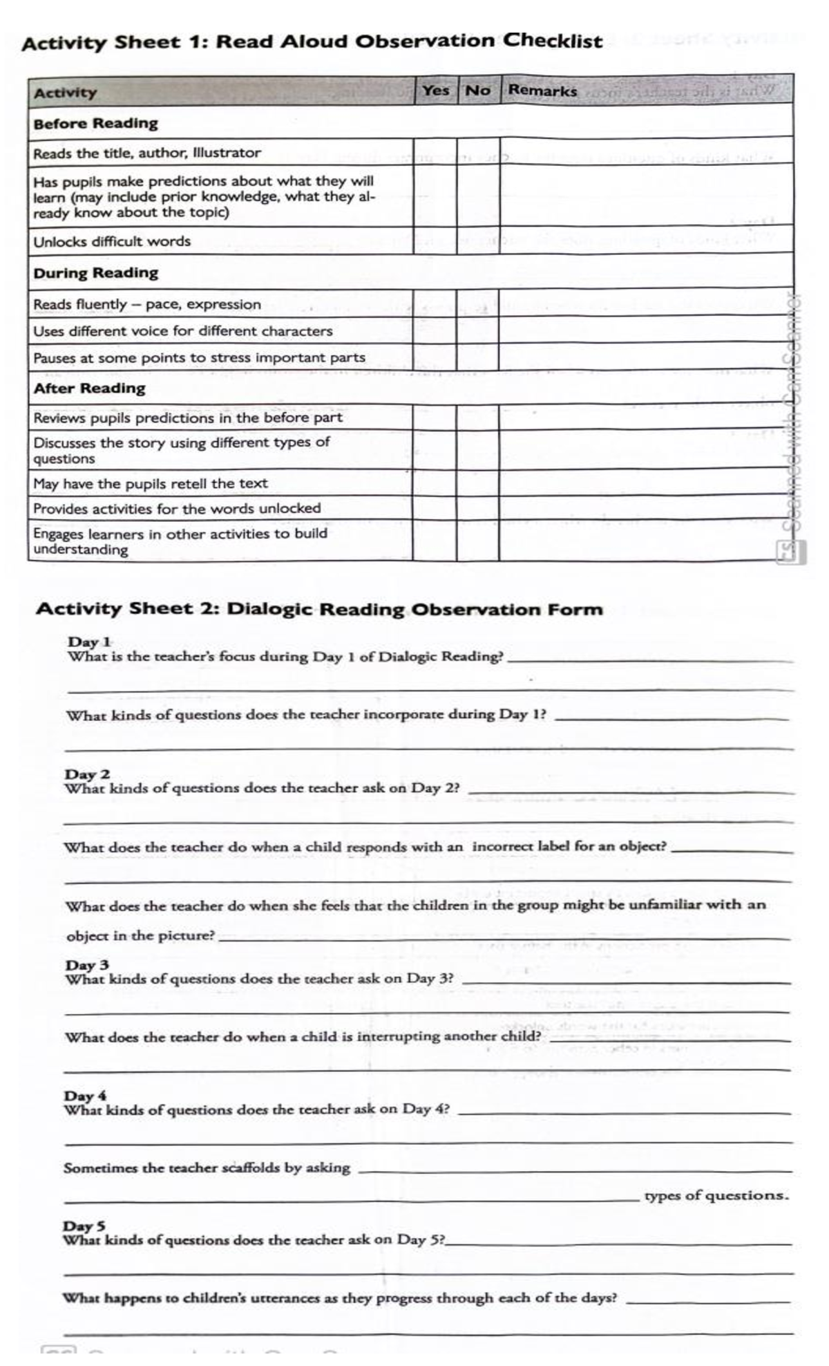 Stuf hhhhhhhhoooo - Activity Sheet 1: Read Aloud Observation Checklist ...