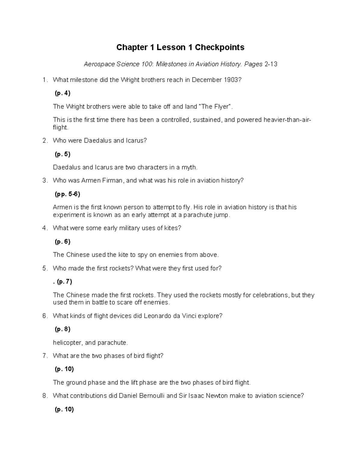 Aerospace Science 100: Chapter 1 Lesson 1 Checkpoints on Aviation ...