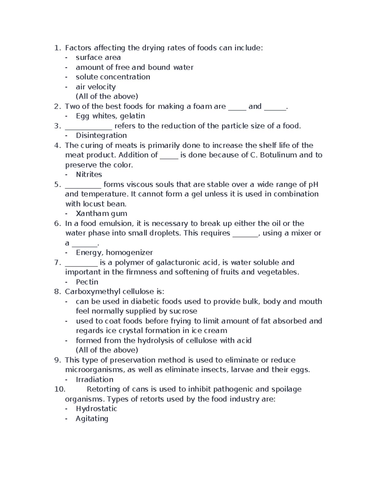 FOOD Science EXAM 3: Key Concepts in Food Processing and Emulsions ...