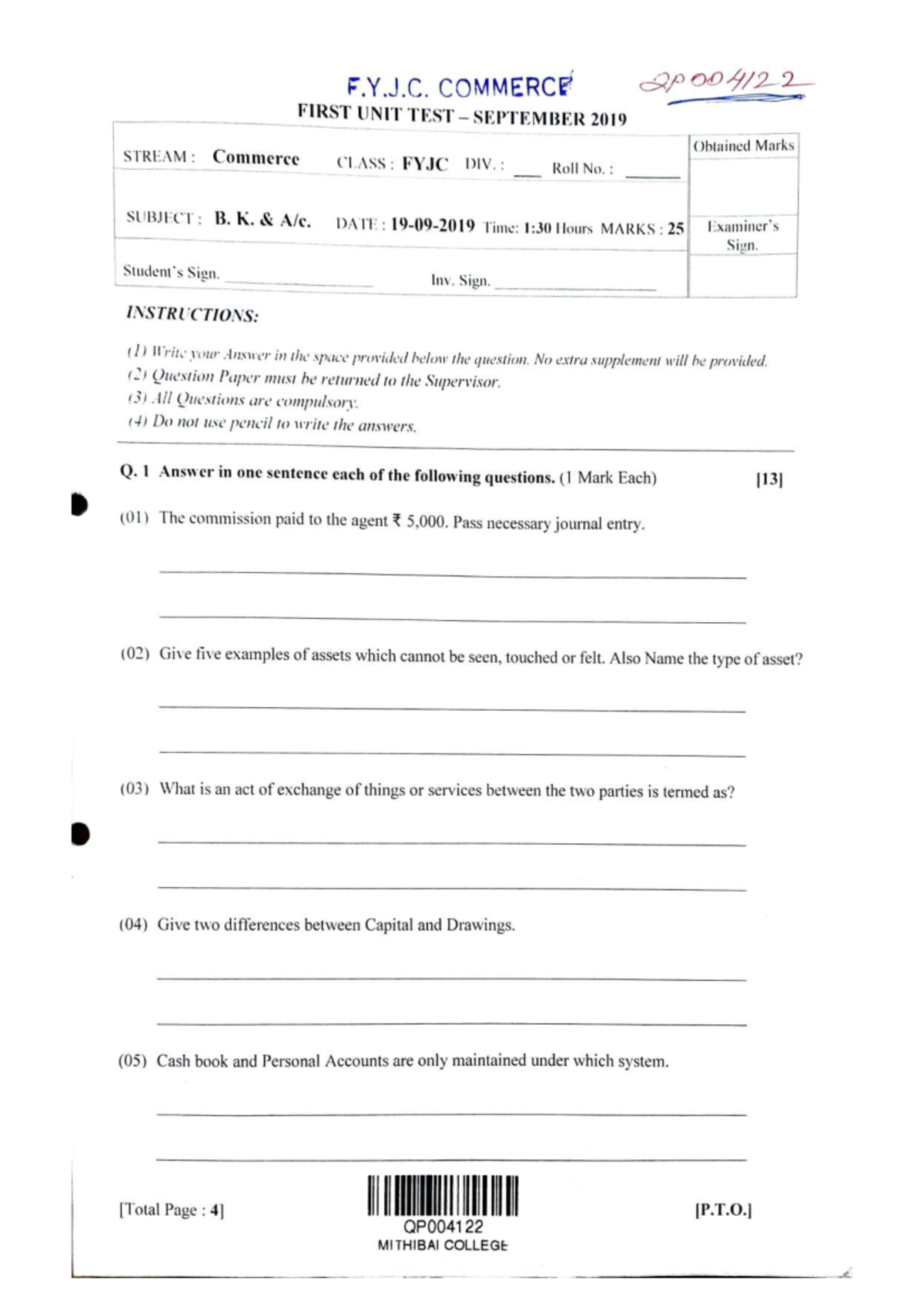 F.Y.J.C. COMMERCE 2P004122 FIRST UNIT TEST SEPTEMBER 2019 - Studocu