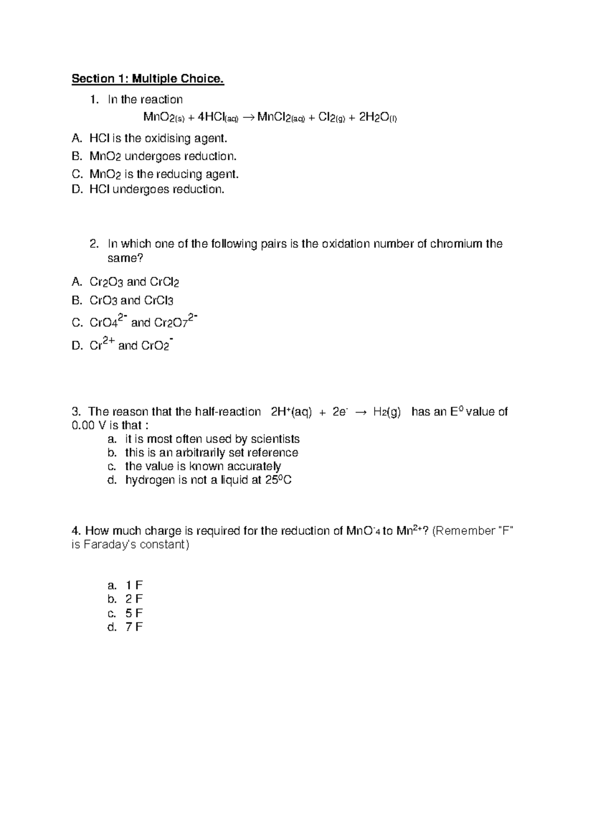 Chem 3 Term 2 Practice Test: Multiple Choice & Short Answers - Studocu