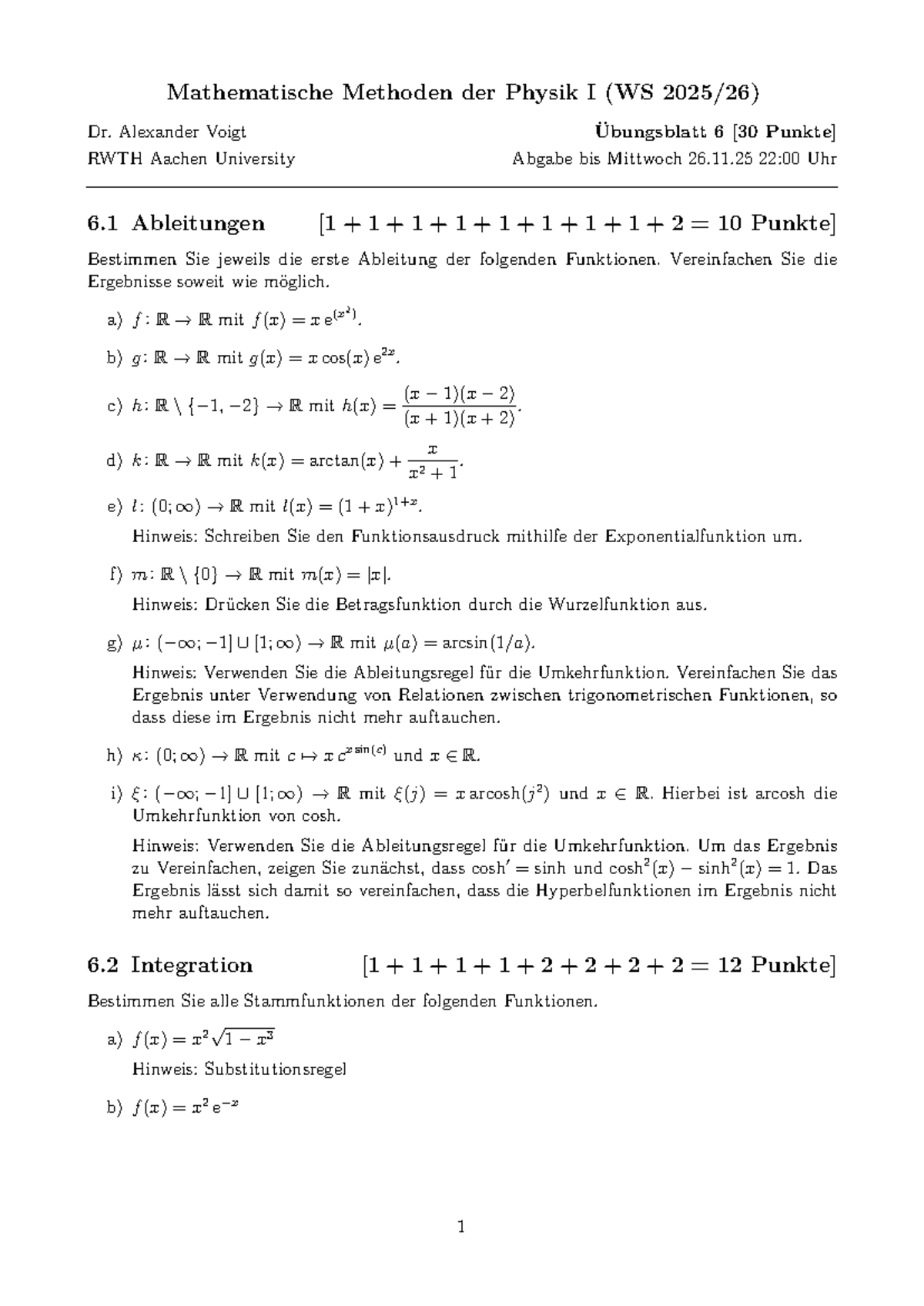 Übungsblatt 6 - Mathematische Methoden der Physik I (WS 2025/2026 ...