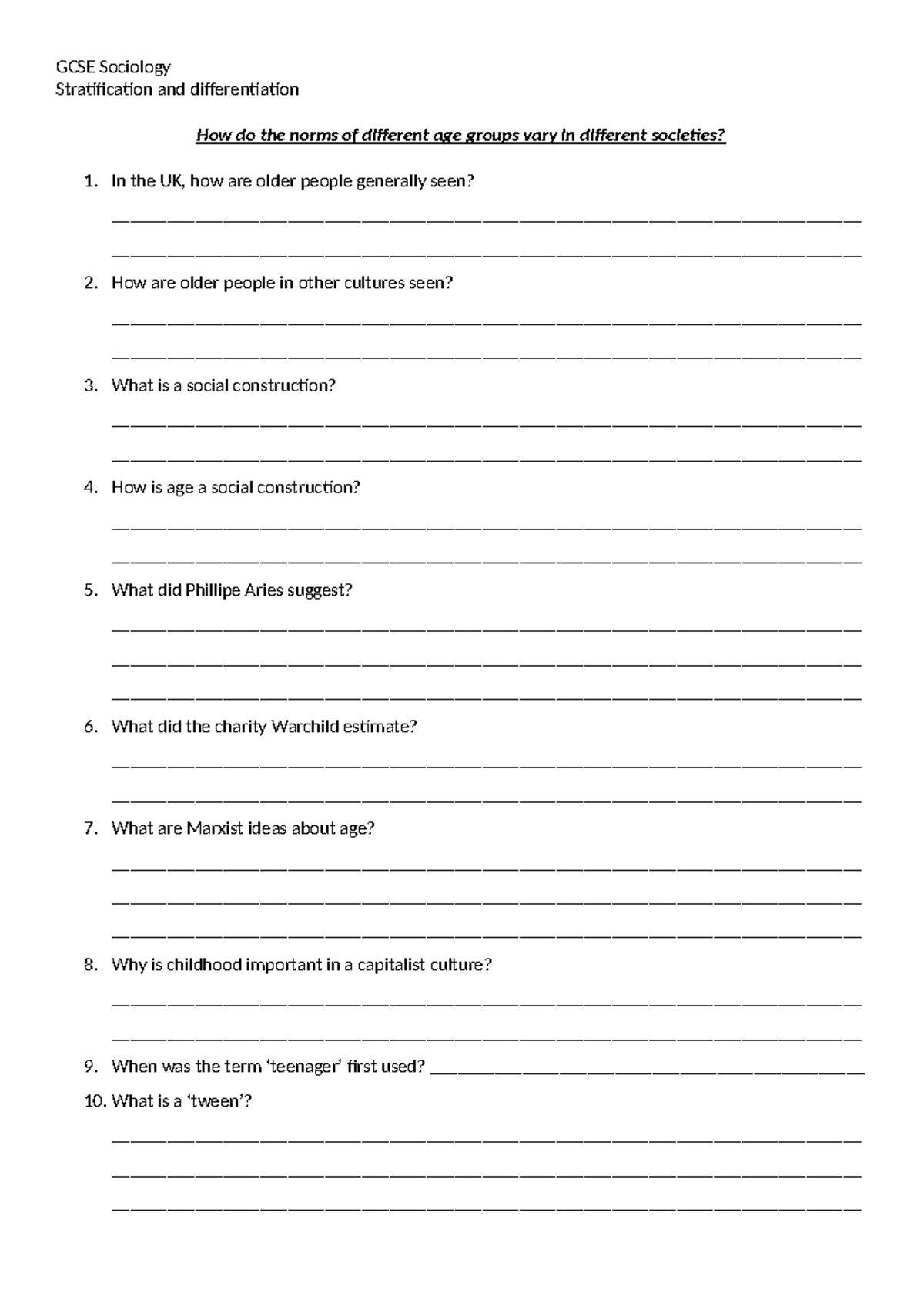 Changing age norms question sheet - GCSE Sociology Stratification and ...