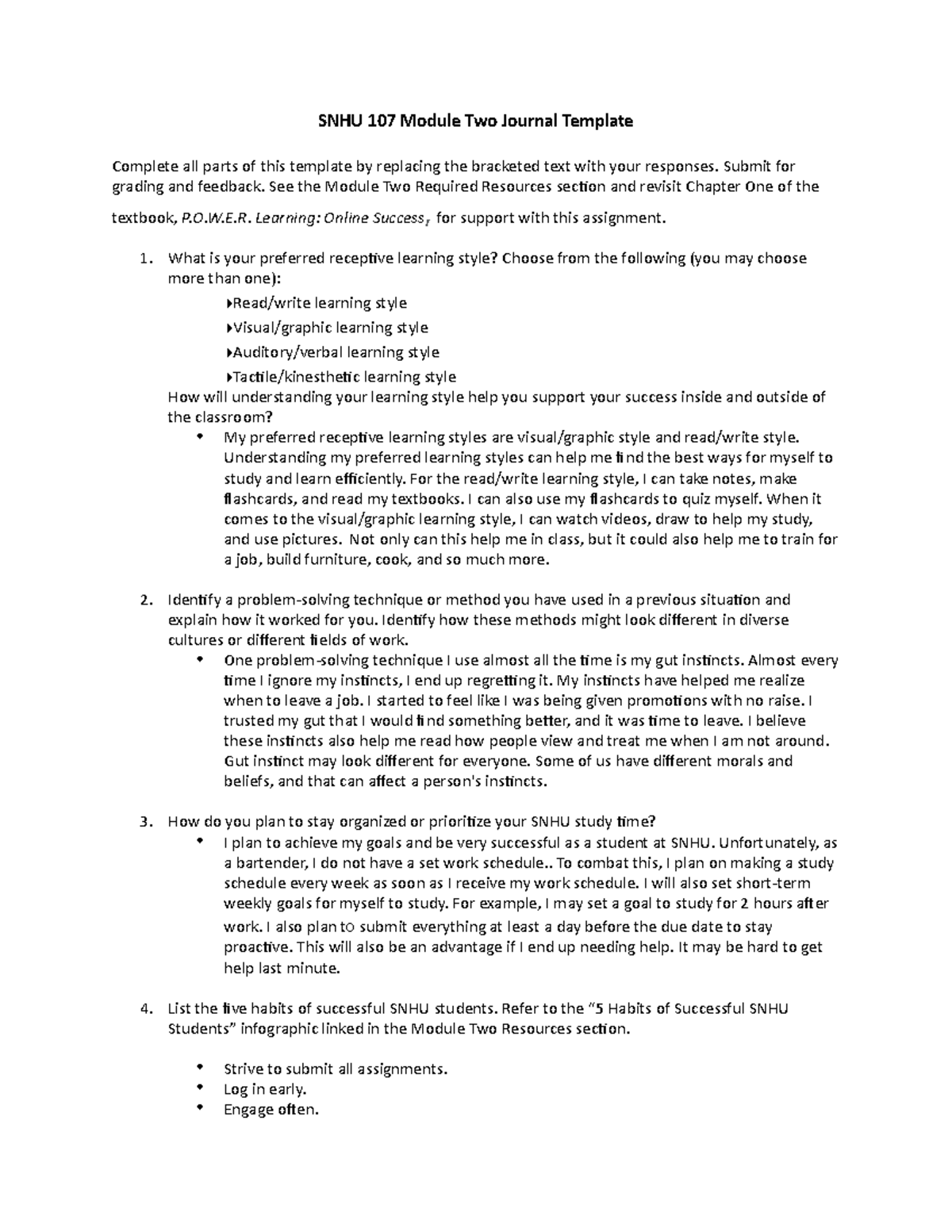SNHU 107 Module Two Journal: Learning Styles & Success Habits - Studocu
