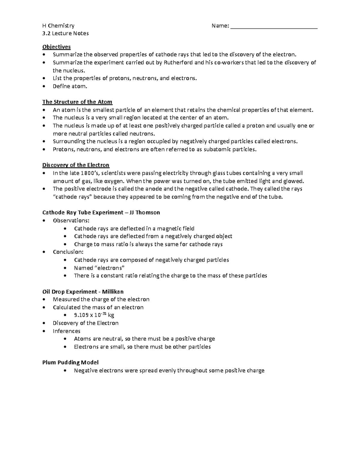 H Chemistry 3.2 Lecture Notes: Electrons & Atomic Structure Insights ...