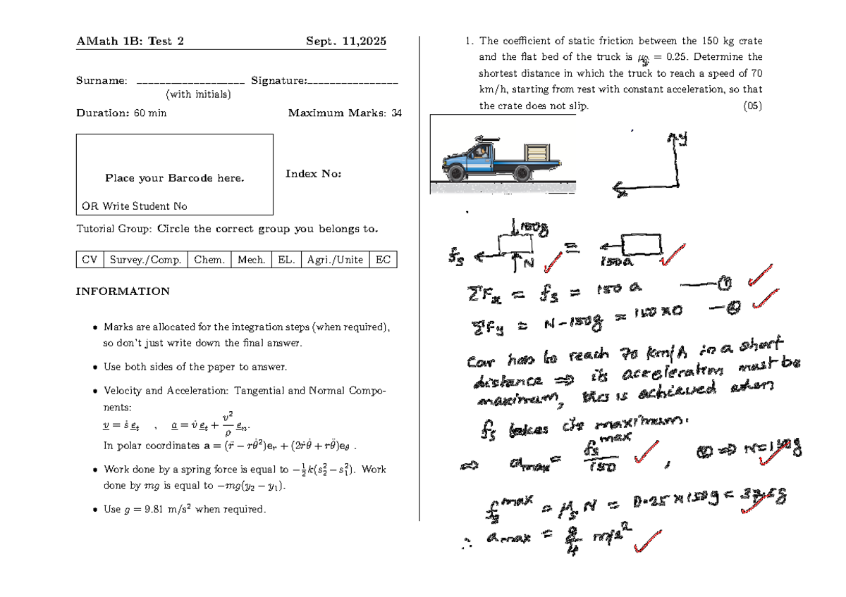 AMath 1B: Test 2 Solutions and Memo - MATh142 - Studocu