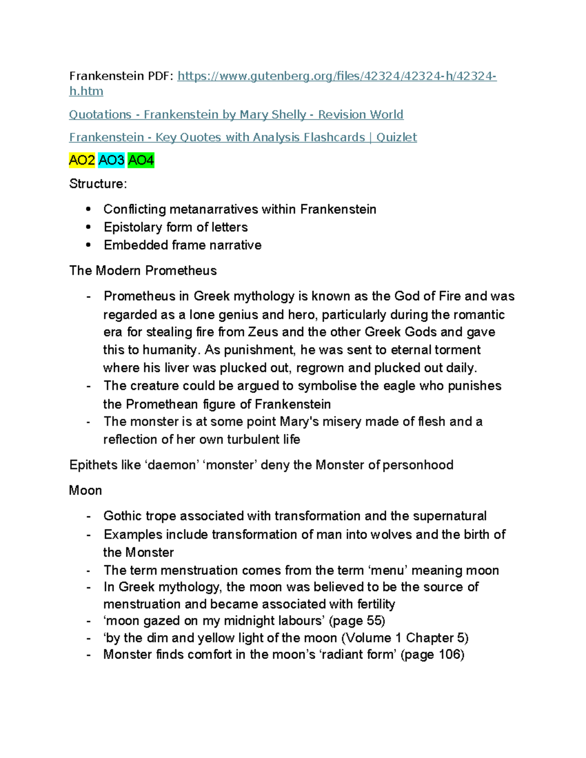 Frankenstein by Mary Shelley: Key Quotes & Analysis - AS A Level Lit ...
