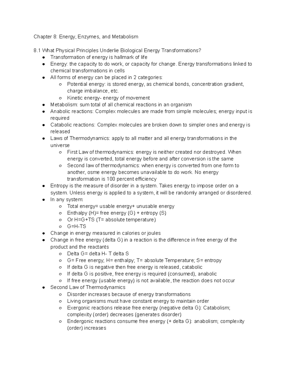 Lecture 10 - Chapter 8: Energy, Enzymes, and Metabolism - Chapter 8 ...