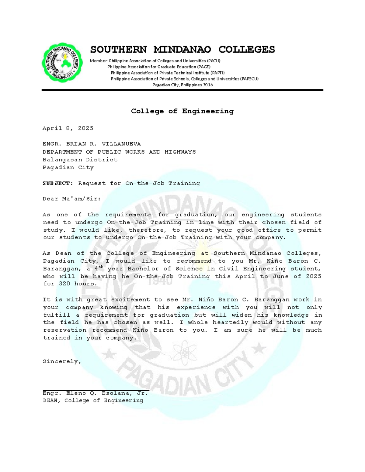 OJT Request for Civil Engineering Students - ENGR 2025 - Studocu