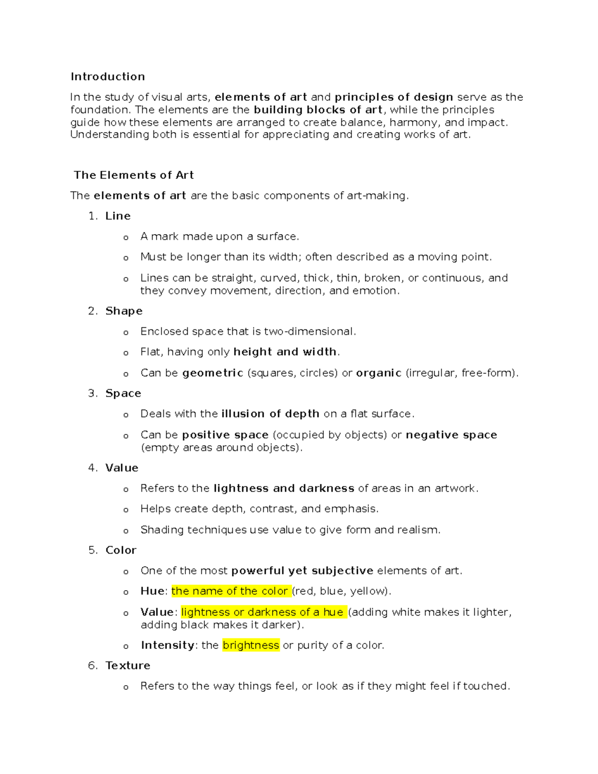 Visual Arts: Elements & Principles of Design (Lecture Note UNIT II ...