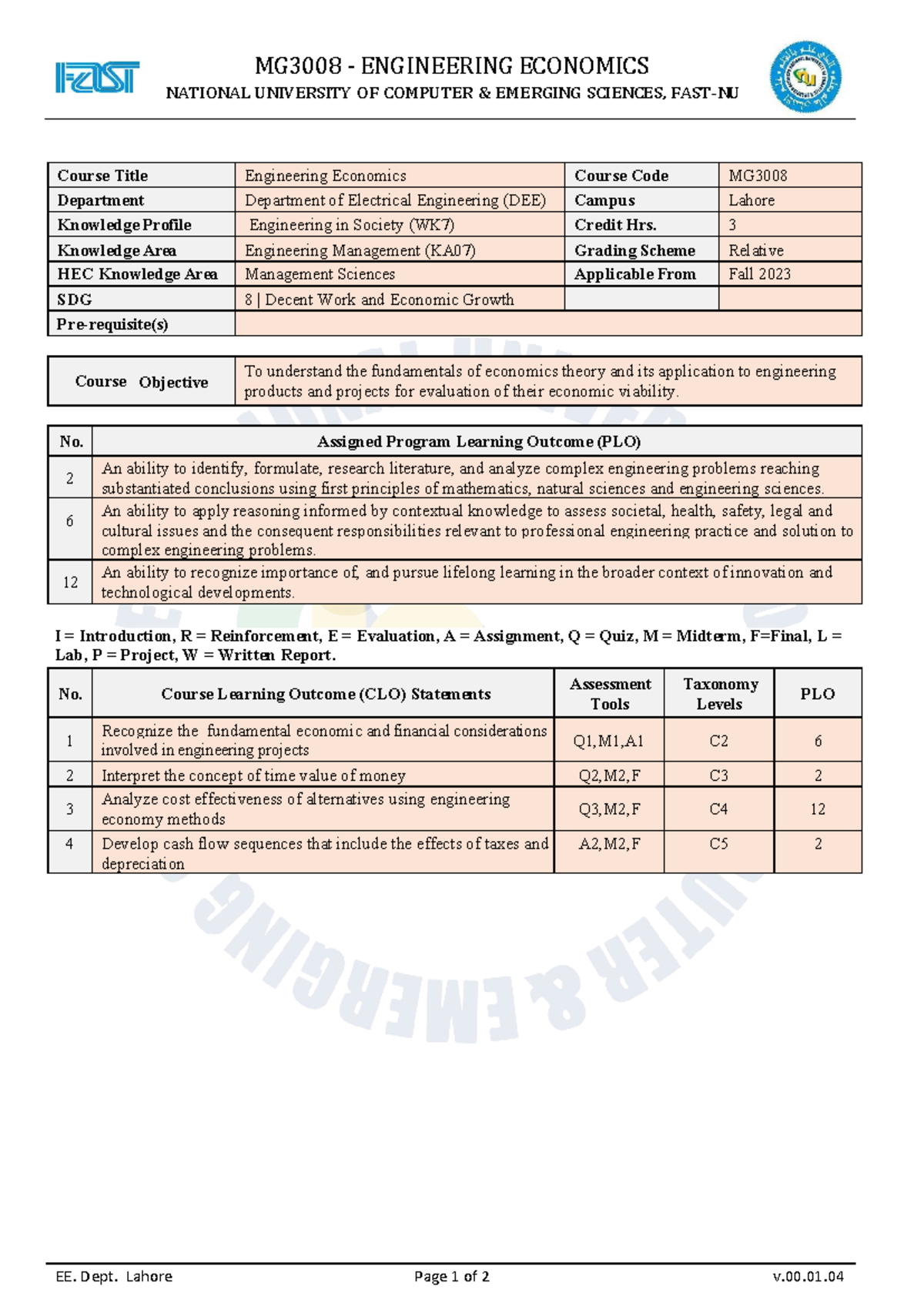 MG3008 - Engineering Economics Course Overview and Learning Outcomes ...