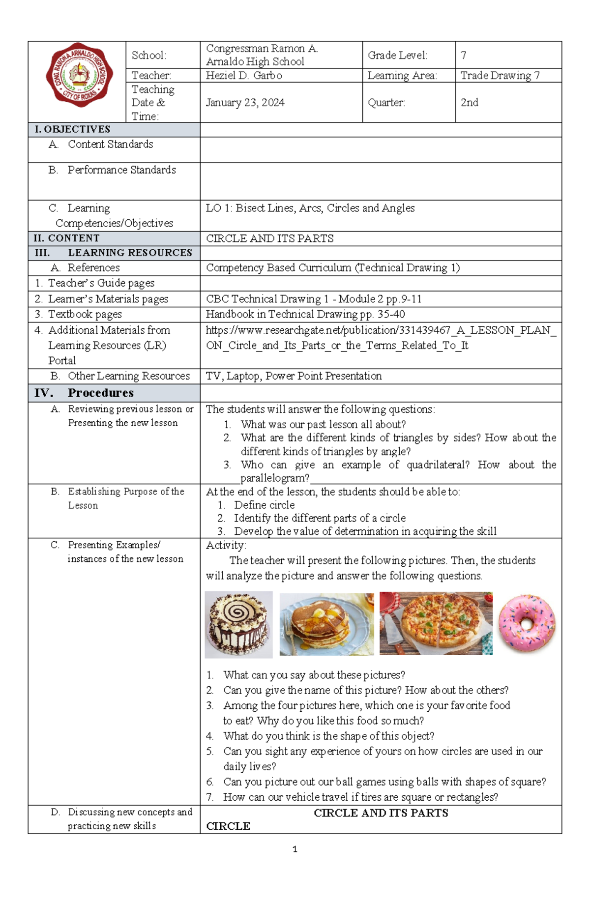 lesson plan in trade drawing - School: Congressman Ramon A. Arnaldo ...