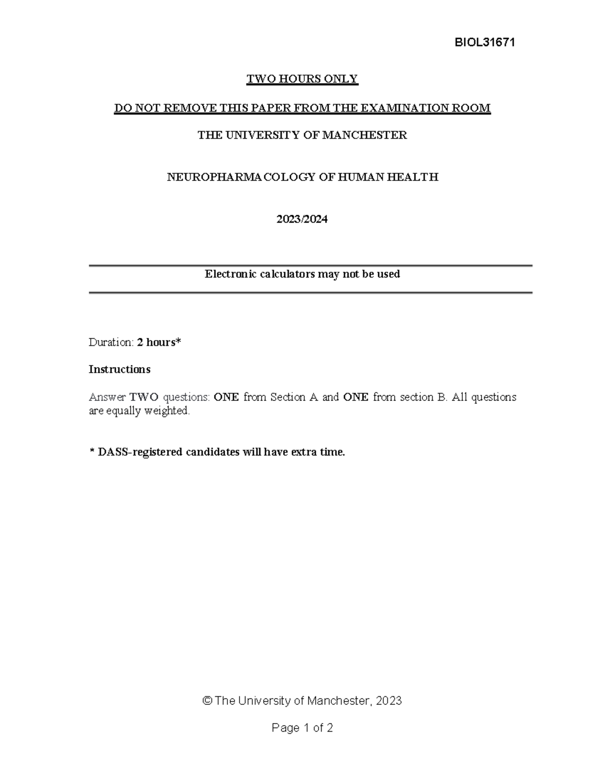 BIOL31671 Sem1 2324 Neuropharmacology Exam Practice - Studocu