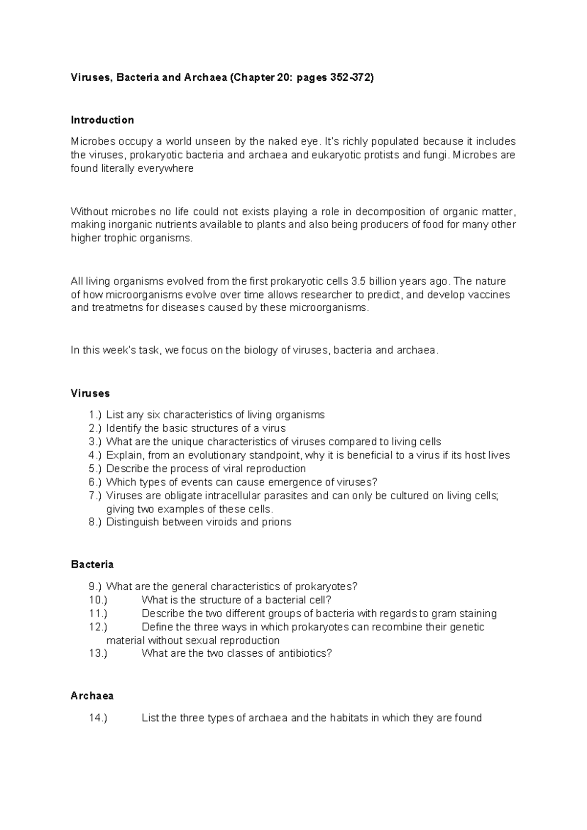 Viruses, Bacteria, and Archaea (Chapter 20: Week 1 Task) - Studocu