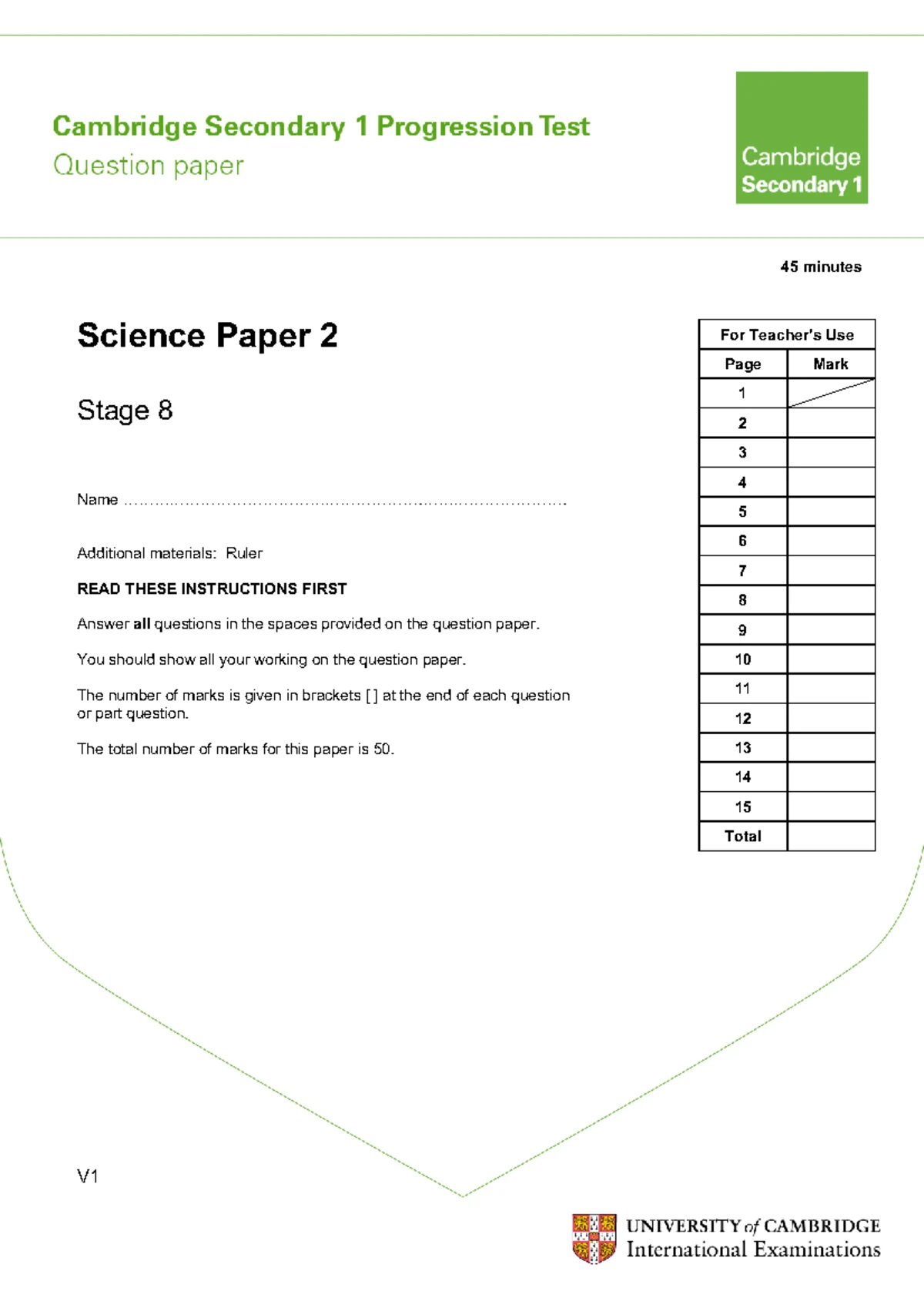 Stage 9 Science Exam Paper 1 - UCLES 2024 (45 mins, 50 marks) - Studocu