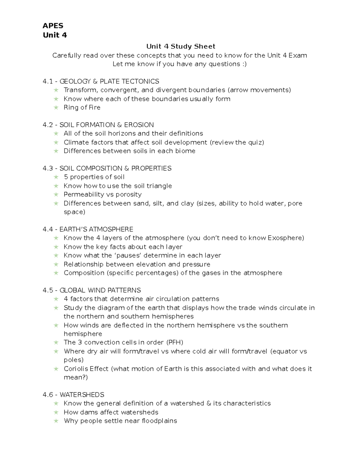 Unit 4 Study Sheet - APES Unit 4 Unit 4 Study Sheet Carefully read over these concepts that you ...