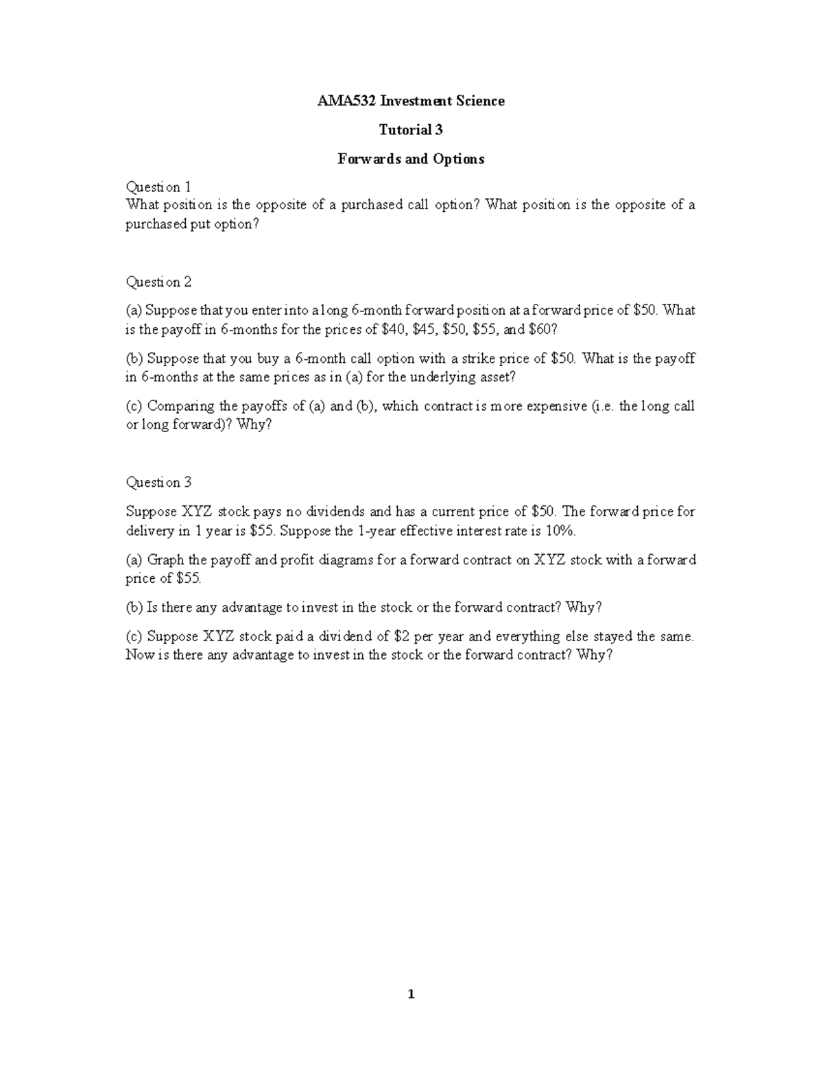 AMA532 Tutorial 3 Solutions: Forwards & Options Analysis - Studocu
