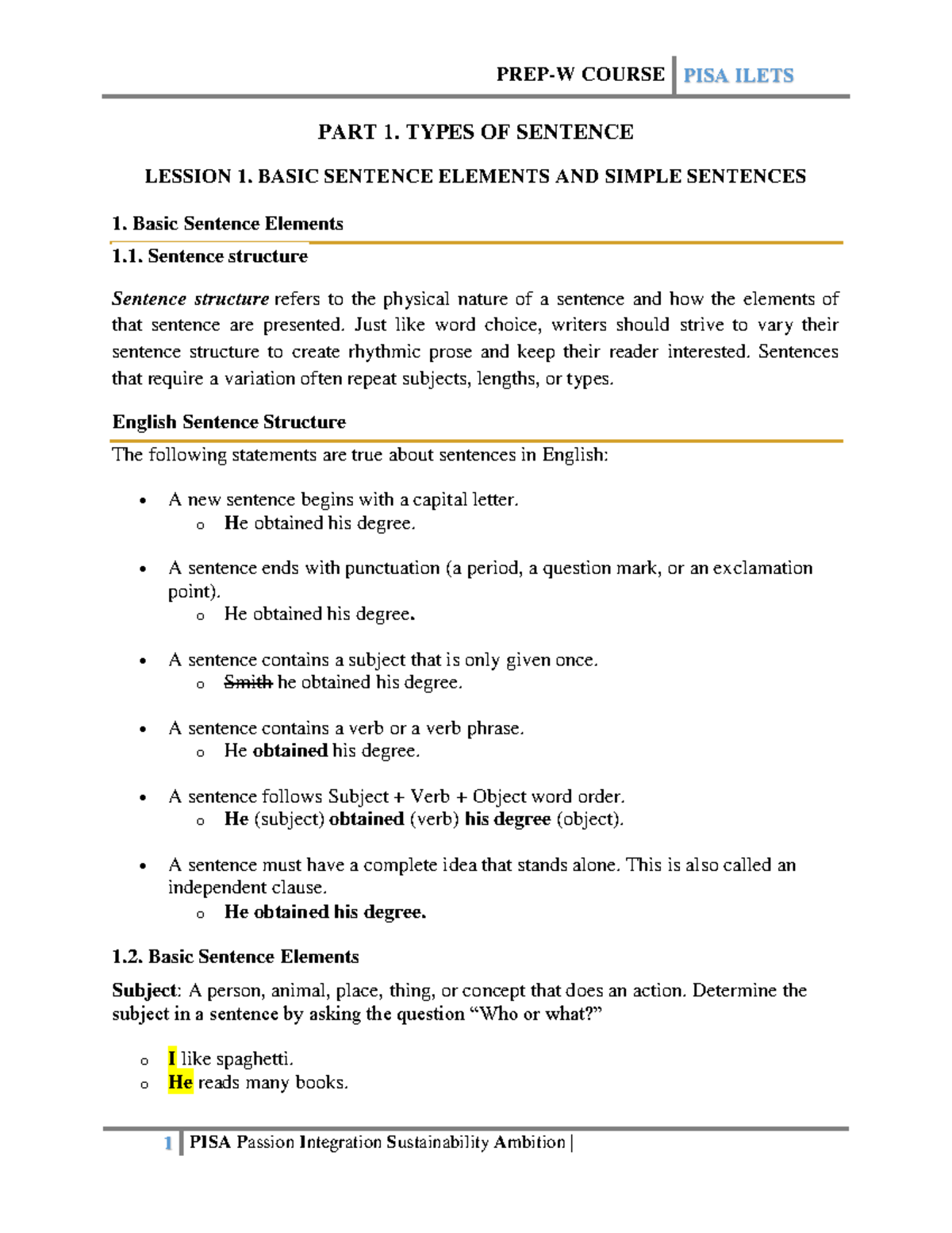 Prepw L1 Simple sentences - PART 1. TYPES OF SENTENCE LESSION 1. BASIC ...