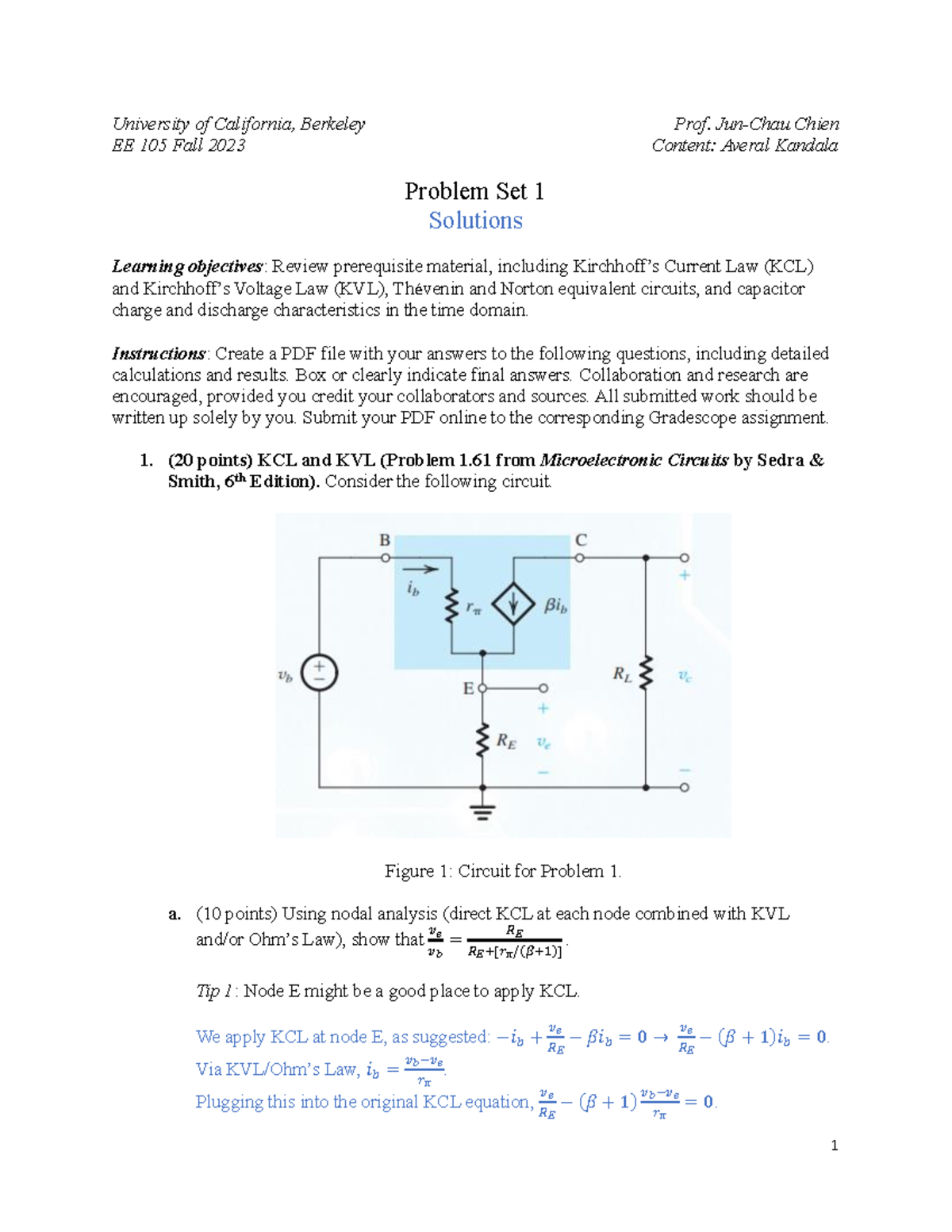 EE105 FA23 HW1 Solutions: KCL, KVL, and Equivalent Circuits - Studocu