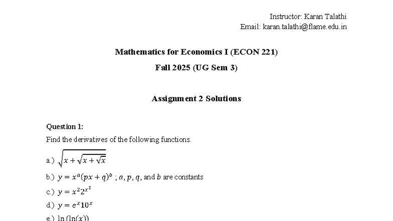 Mathematics for Economics I (ECON 221) Fall 2025 Assignment 2 Solutions ...