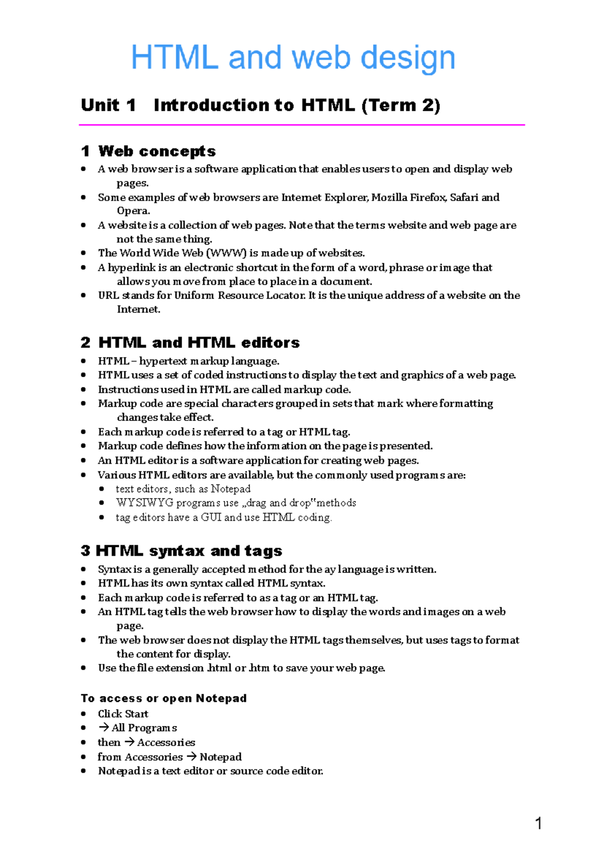 HTML and web design - Unit 1 Introduction to HTML (Term 2) 1 Web ...