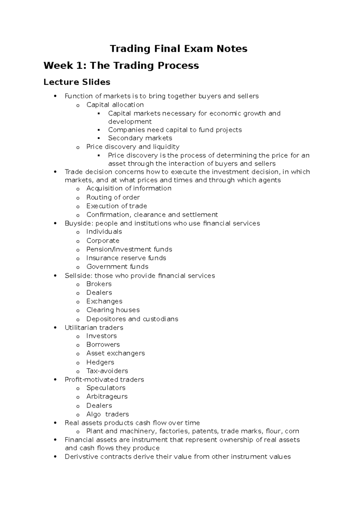 Trading Final Exam Notes - Floor market is a simply a central place ...