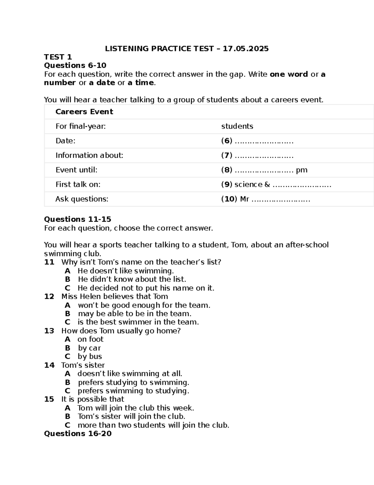 Listening Test A2 KET: Practice Test 17.05.2025 Questions & Answers ...