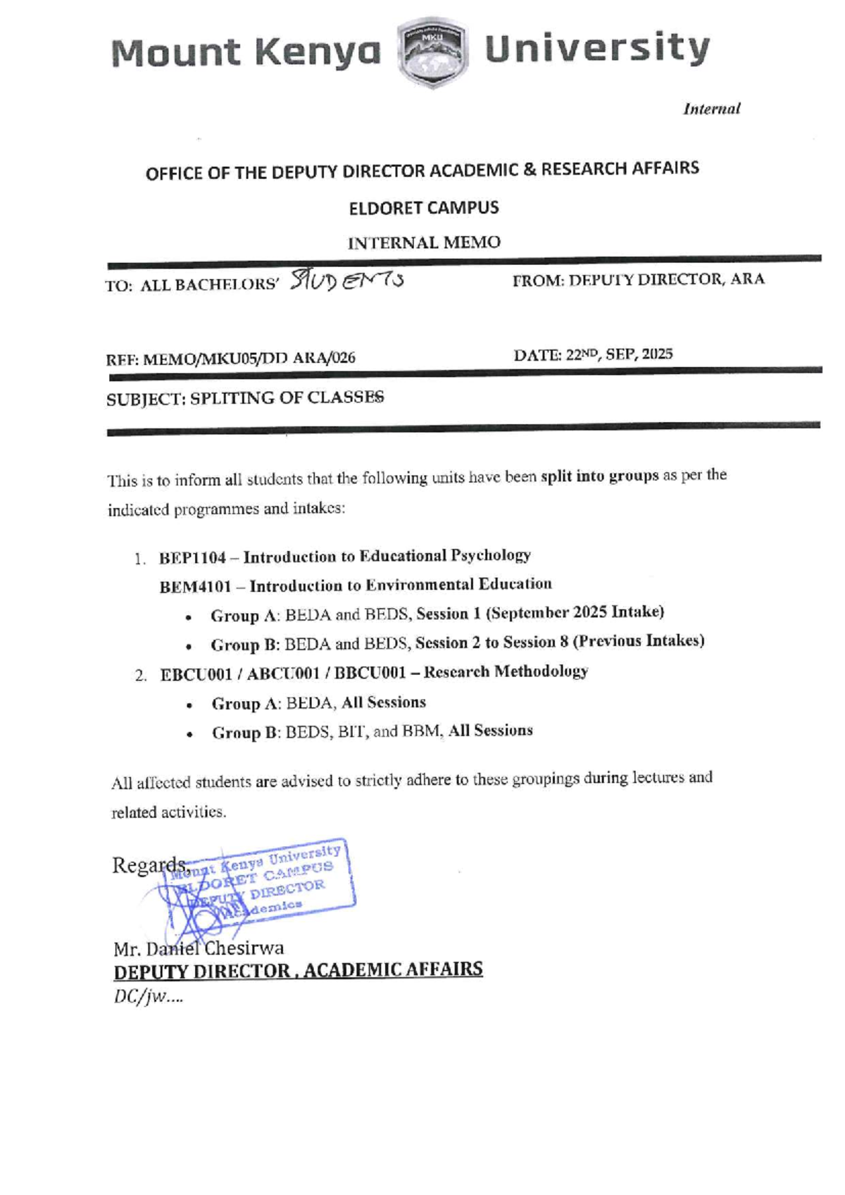 MKU Internal Memo: Splitting of Classes - Important Notes for Students ...