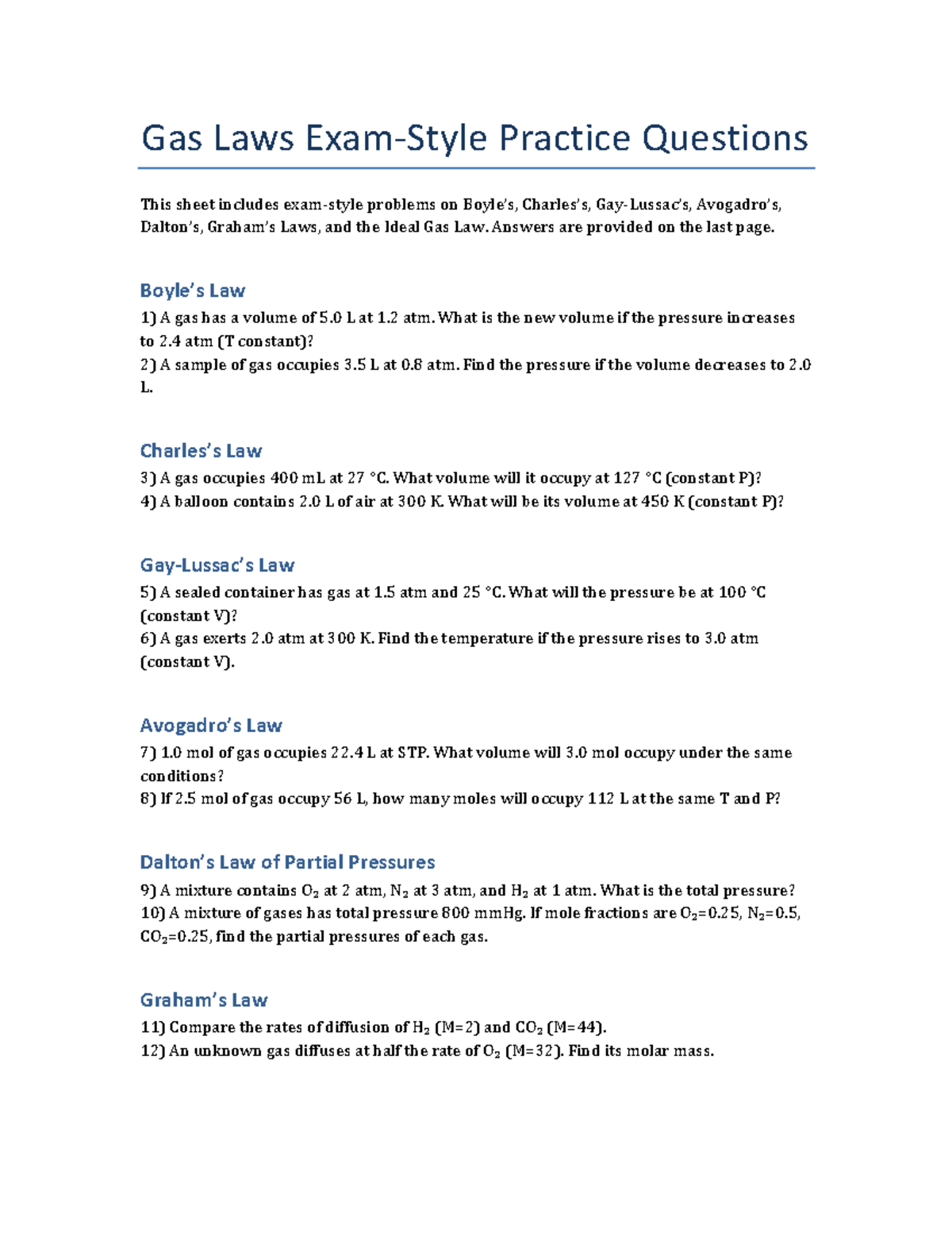 Gas Laws Exam Practice Questions (Including Answers) - Studocu
