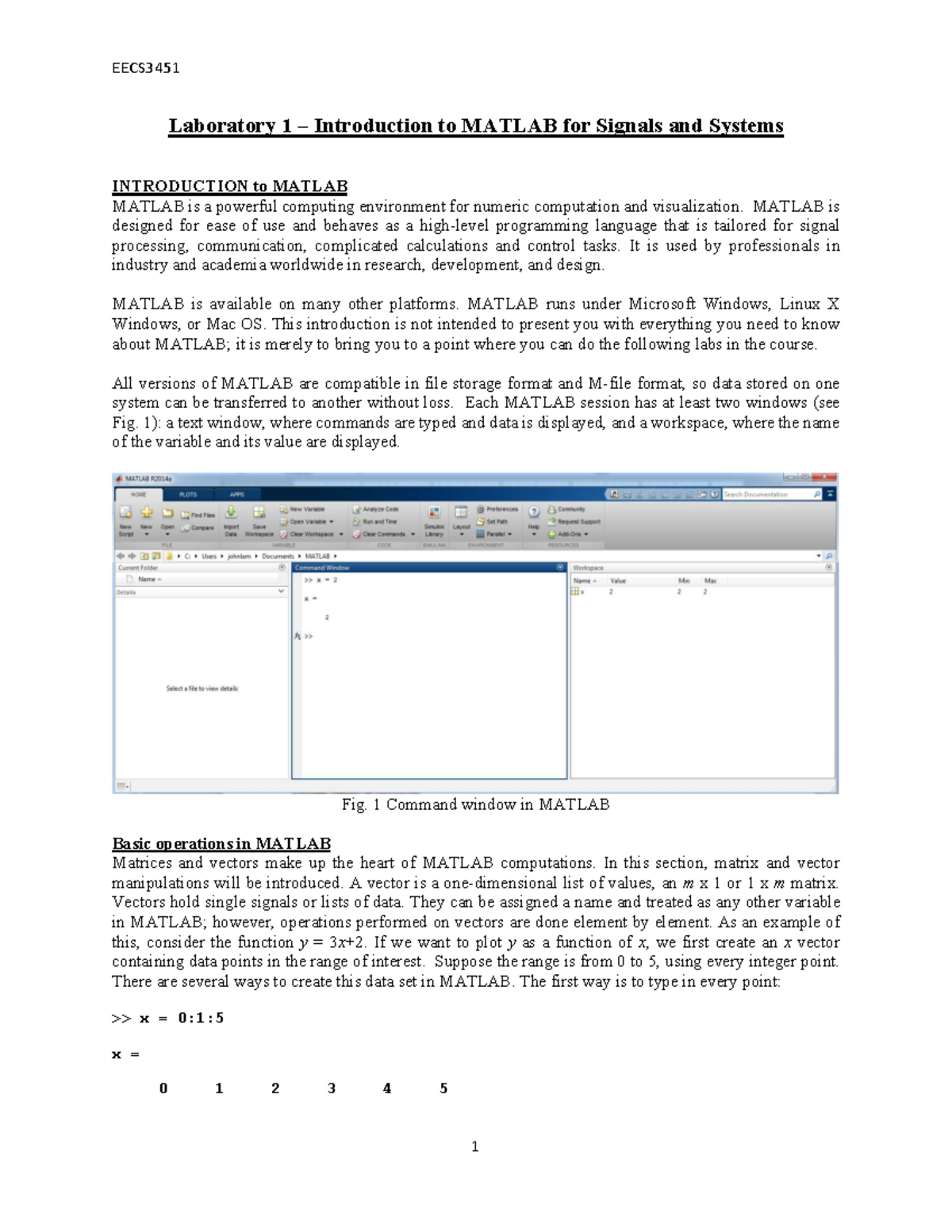 EECS3451 Lab 1 - Introduction to MATLAB for Signals & Systems - Studocu