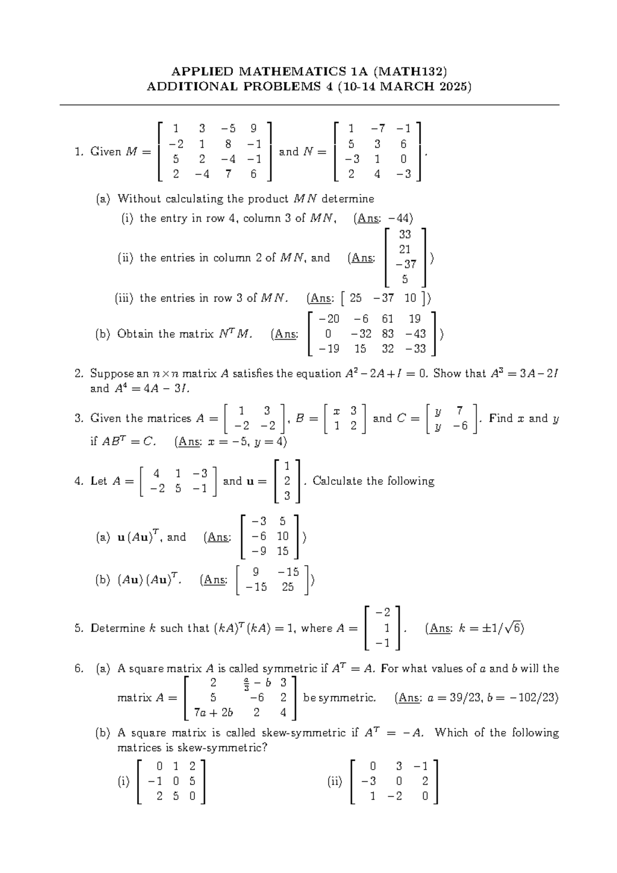 Applied mathematics 1A (MATH132) additional problems tutorial notes ...