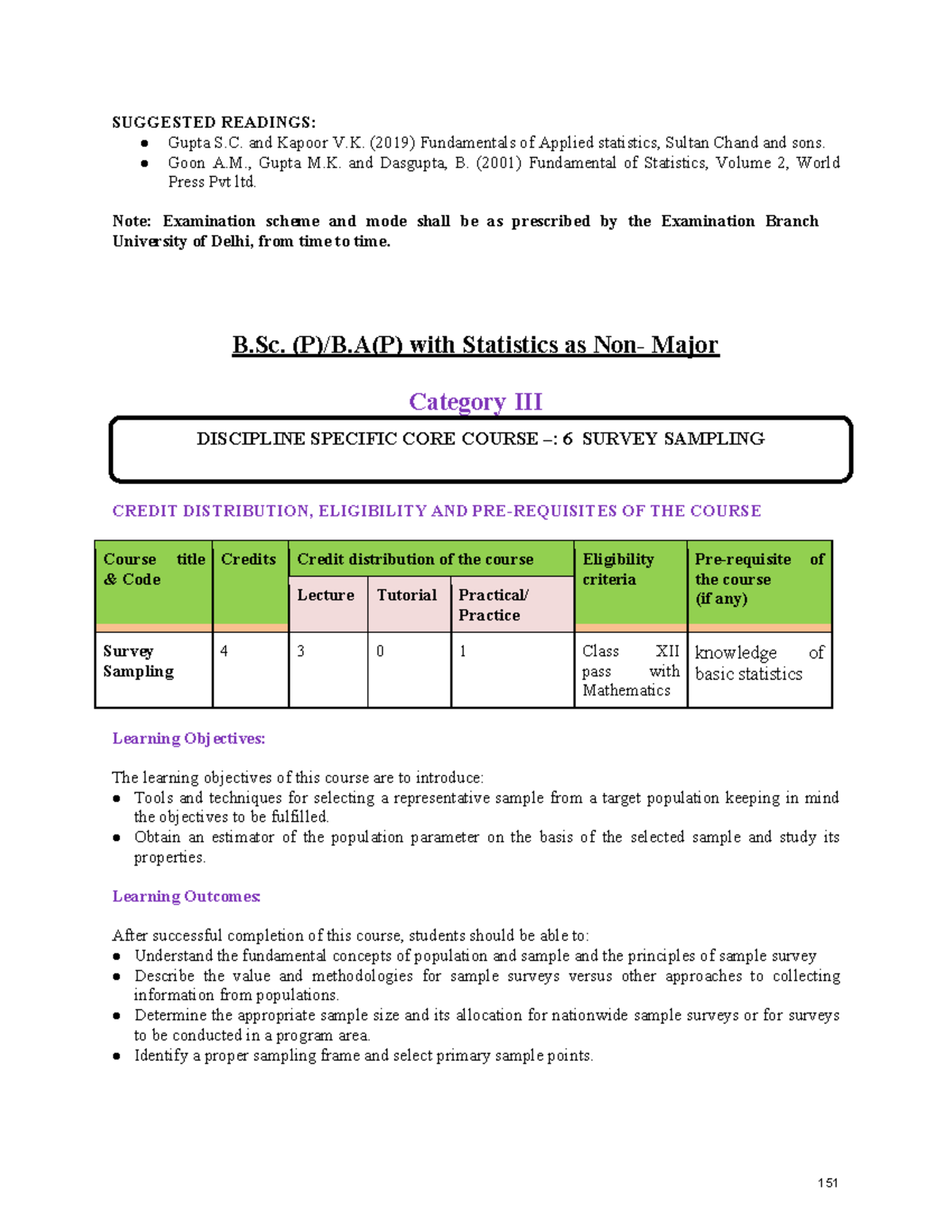 B.Sc. Statistics DCC 6: Survey Sampling Course Overview and Readings ...