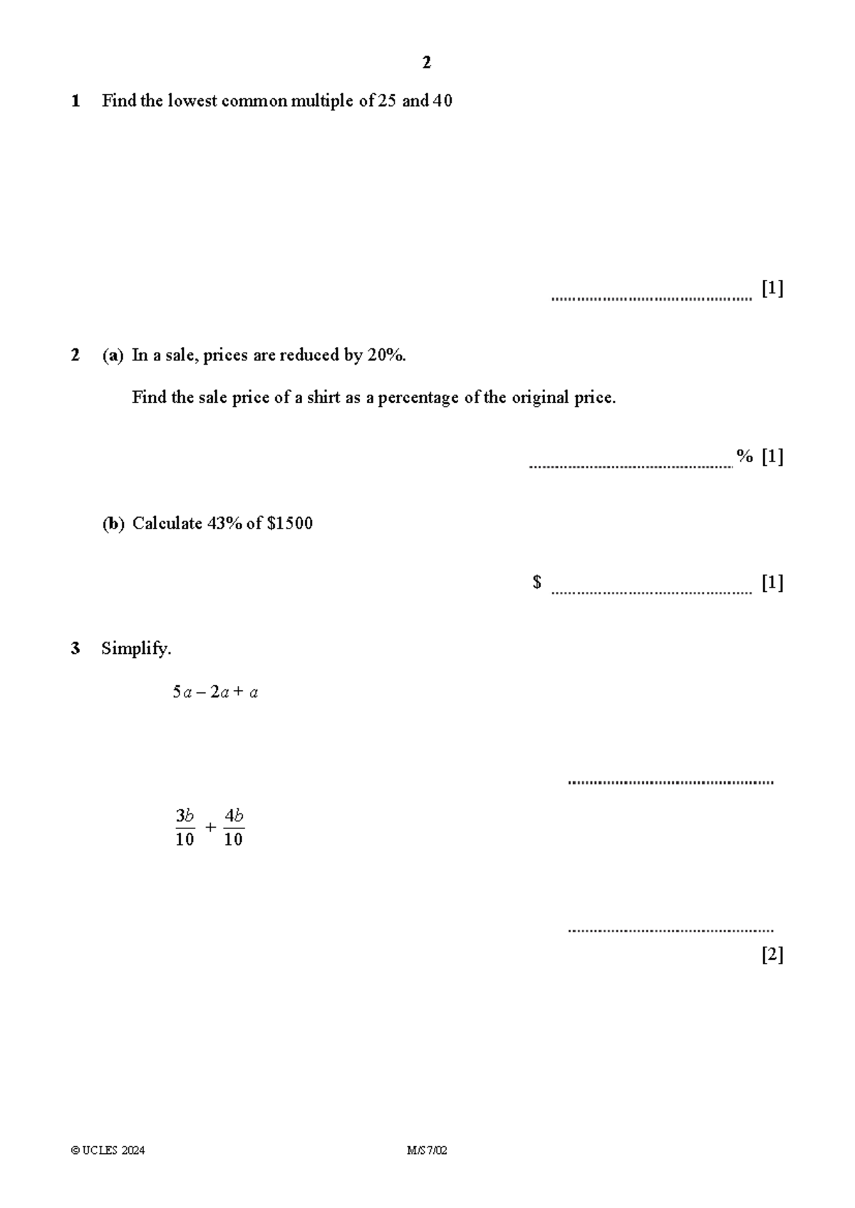 Math Practice Questions for UCLES 2024 End of Term Exam - Studocu