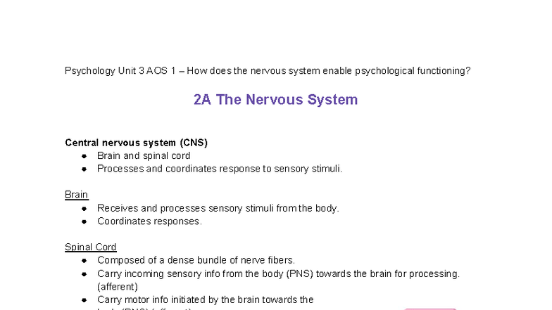 Psychology Unit 3 AOS 1: The Nervous System and Psychological ...