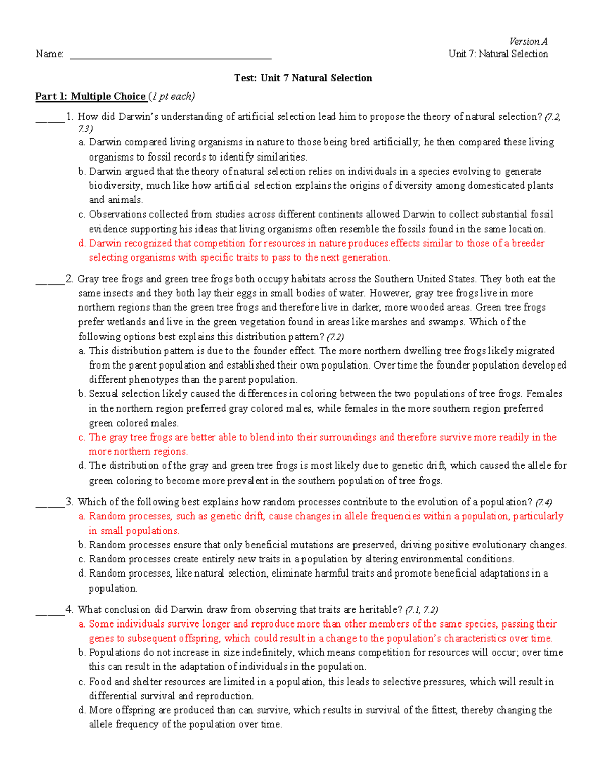 Unit 7 Natural Selection Test: Version A Answer Key - Studocu