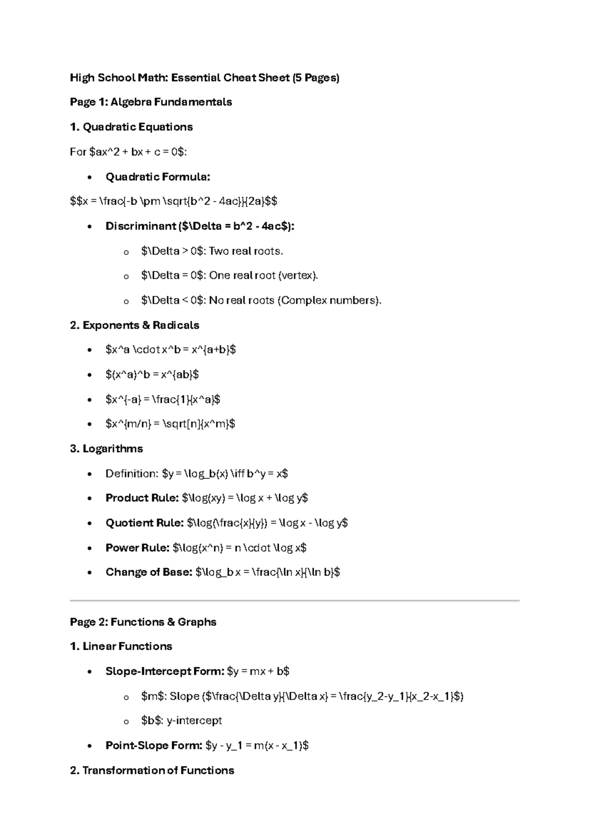 High School Math Cheat Sheet: Key Concepts & Formulas - Studocu