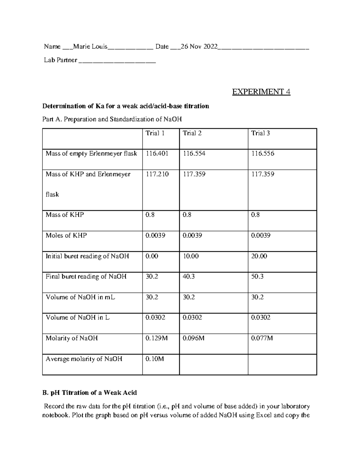 Experiment 4: Determination of Ka & Molarity of NaOH - Studocu
