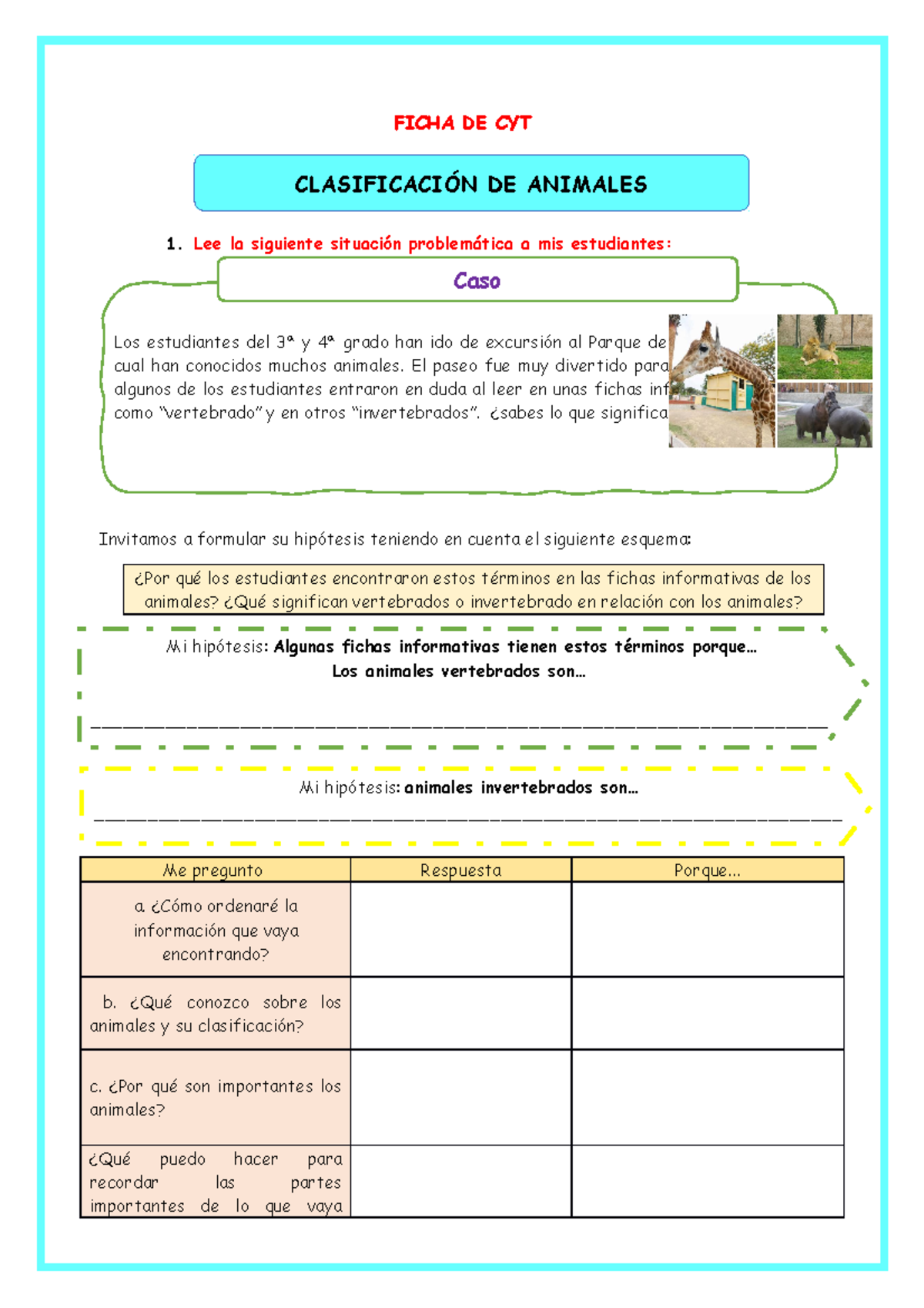 Fichas De Clasificación De Animales