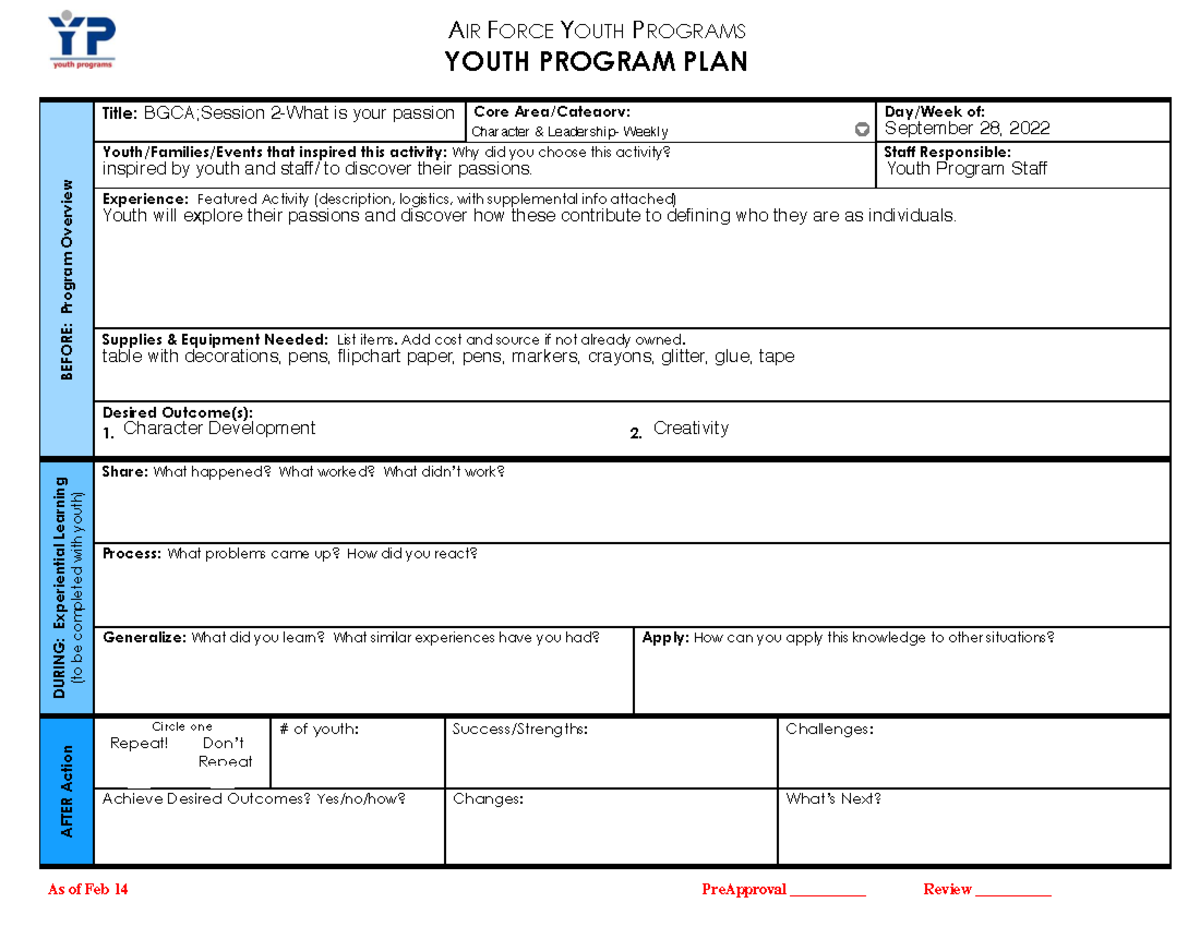 YC lesson plan 1-9 2 - None - AIR FORCE Y OUTH P ROGRAMS YOUTH PROGRAM ...