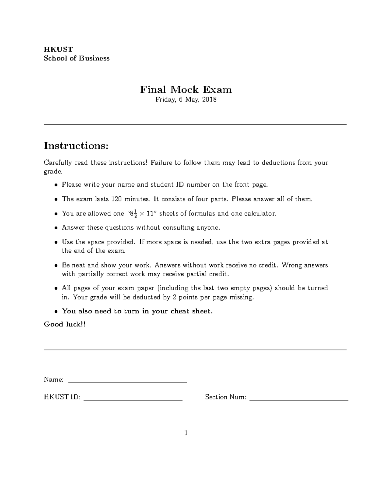 (FINA3203) Final Mock Exam Guide - Spring 2018 at HKUST - Studocu