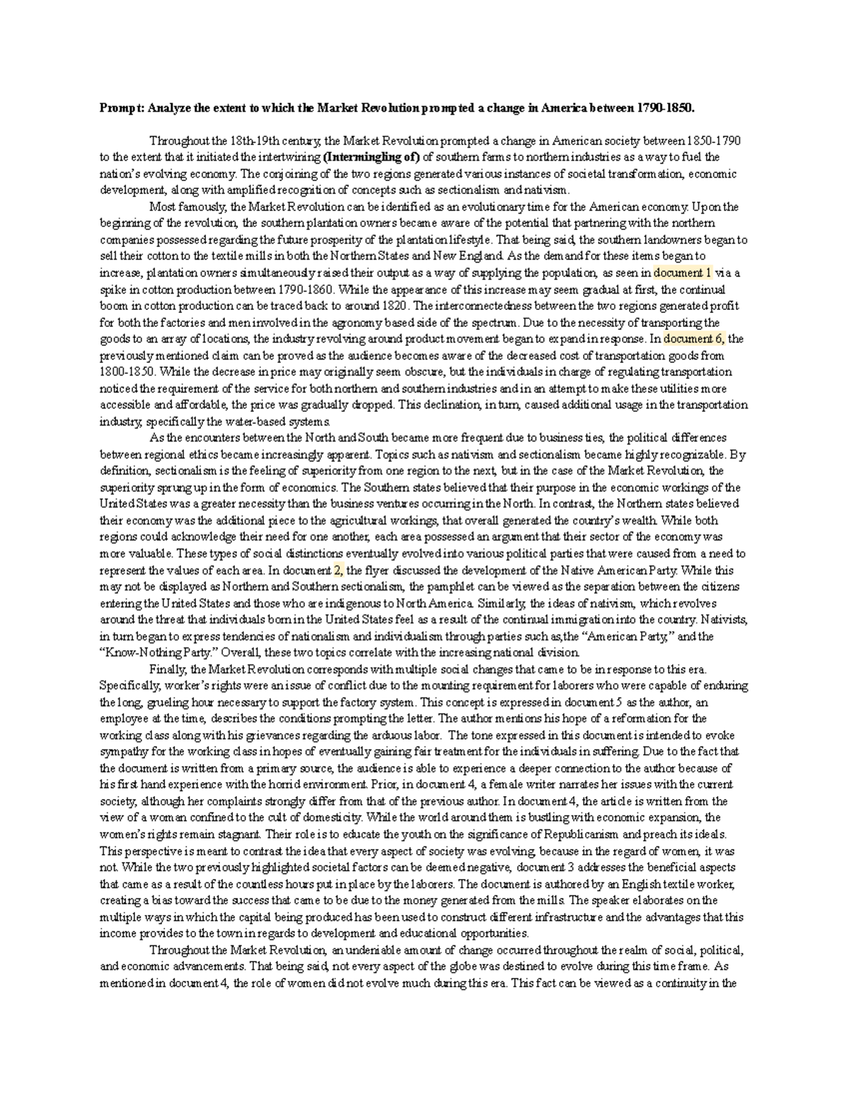 Apush DBQ Market Revolution 2 Example - Prompt: Analyze the extent to ...