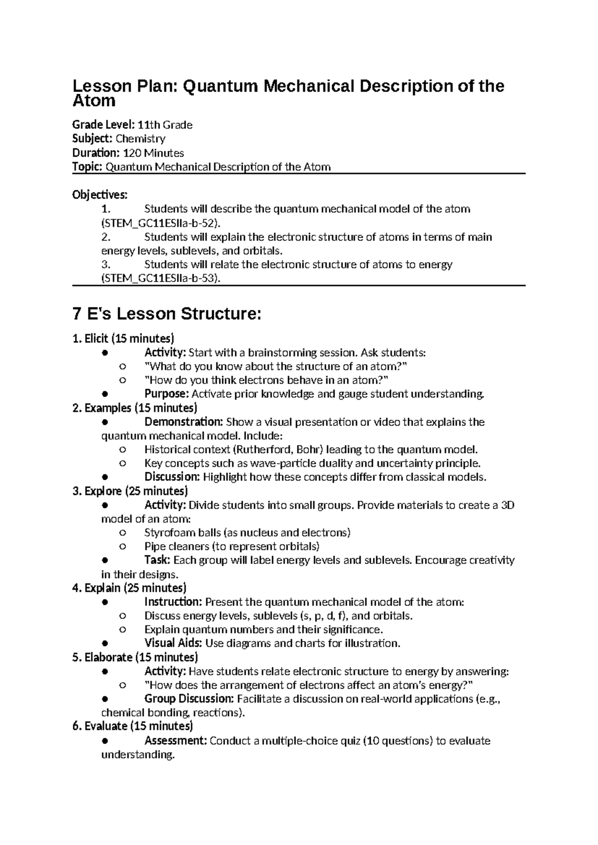 Lesson Plan: Quantum Mechanical Model of the Atom (Chemistry 11) - Studocu
