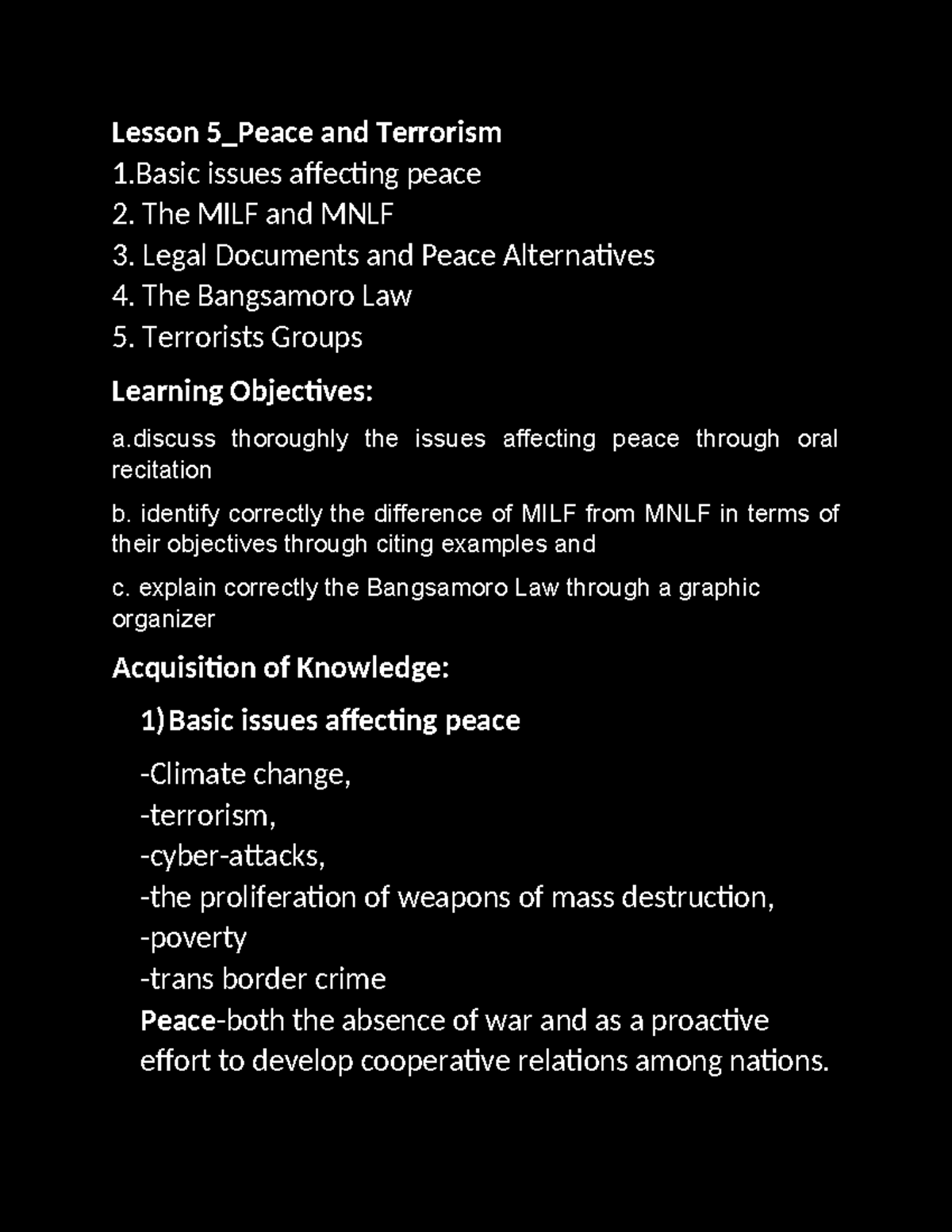 Lesson 5: Peace and Terrorism (L5) - A Comprehensive Study Guide - Studocu