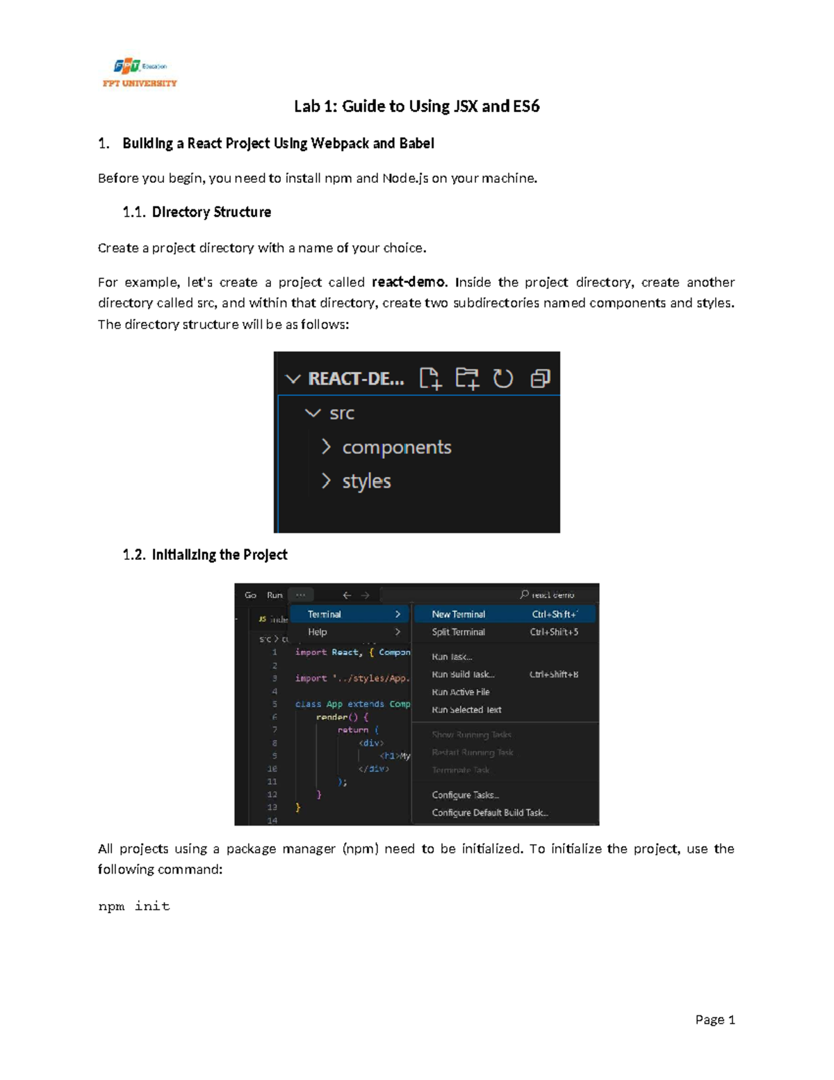 Lab 1: Using JSX & ES6 in React with Webpack and Babel - Studocu