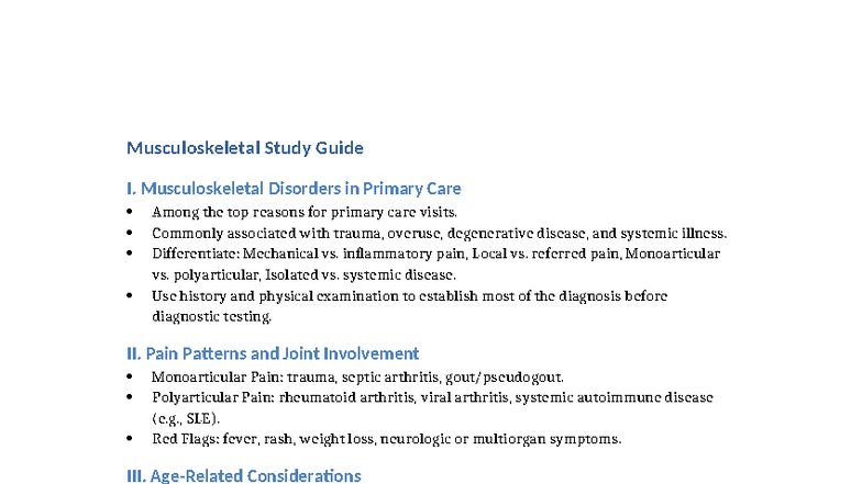 Musculoskeletal Disorders Study Guide I: Primary Care Insights - Studocu