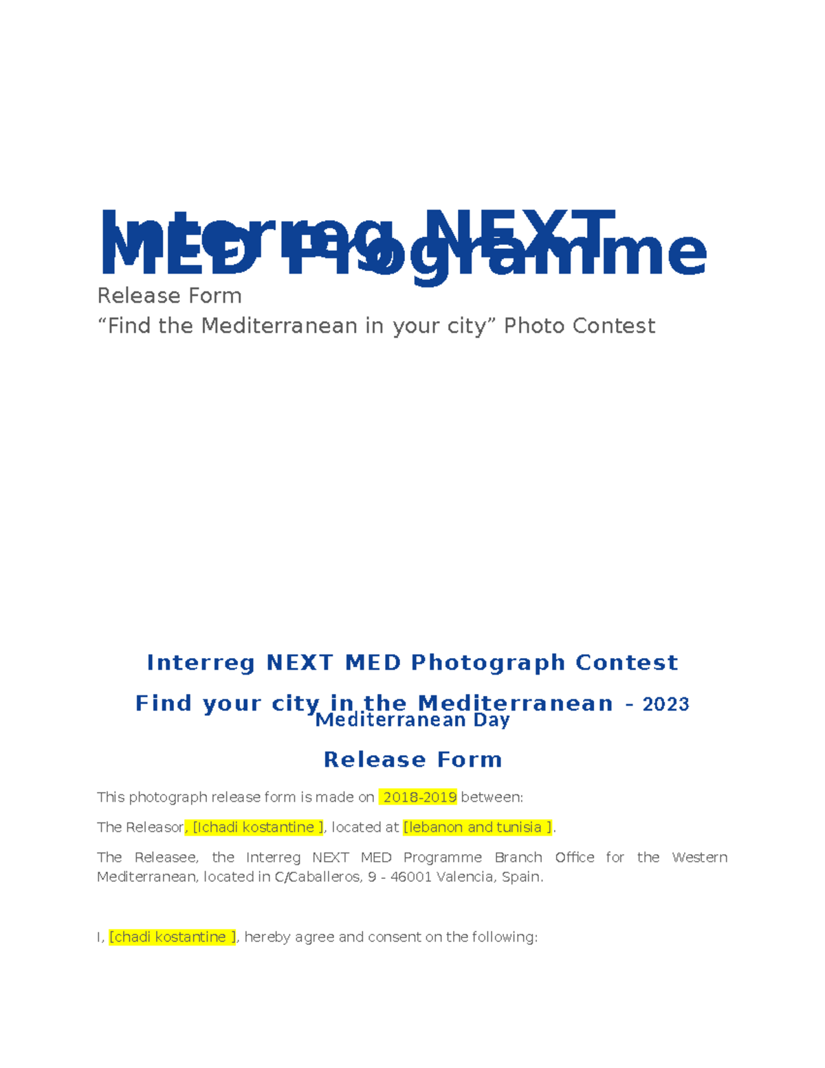 Interreg NEXT MED 2023 Photo Contest Release Form - Studocu