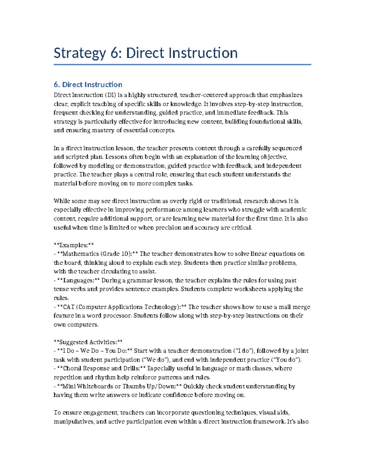 Strategy 6: Direct Instruction Overview and Best Practices - Studocu