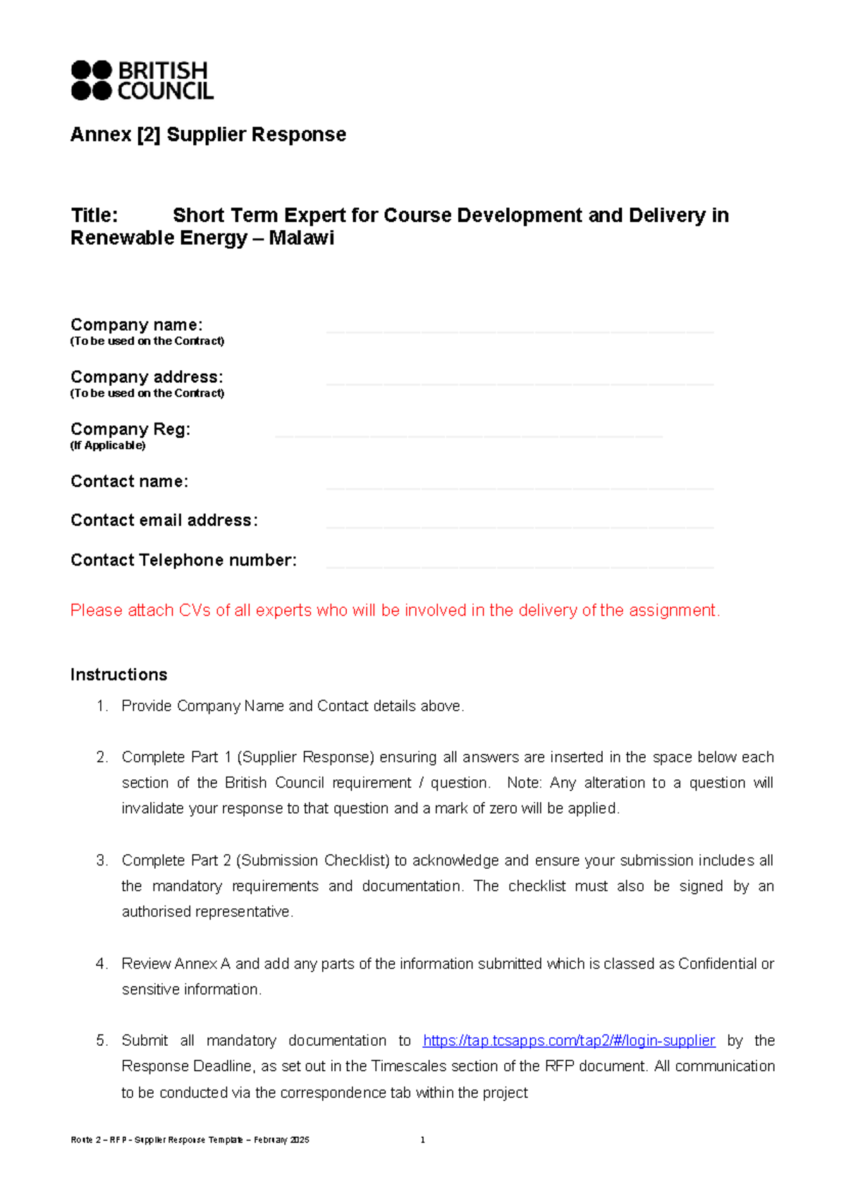 Annex 2 - Supplier Response for Short Term Expert in Renewable Energy RFP - Studocu